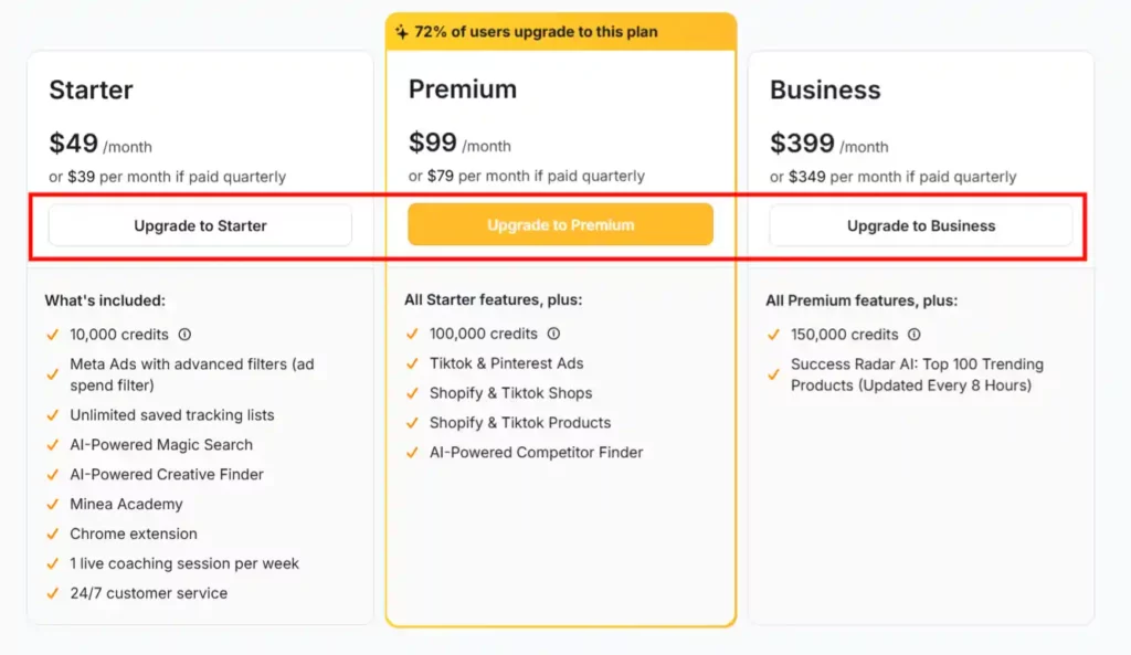Minea Pricing 2025: Plans Start at $49/mo for 10k Credits